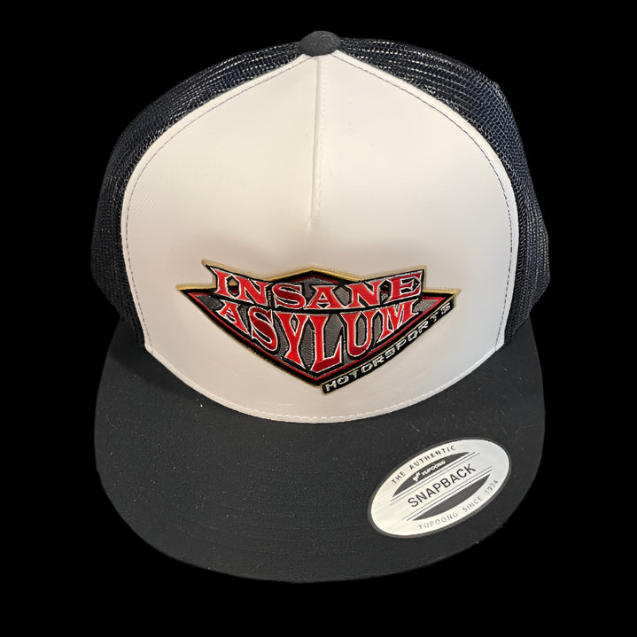 Black & White Patch Mesh Flat Bill Hat | Bold Style & Maximum Comfort – Insane Asylum Motorsports